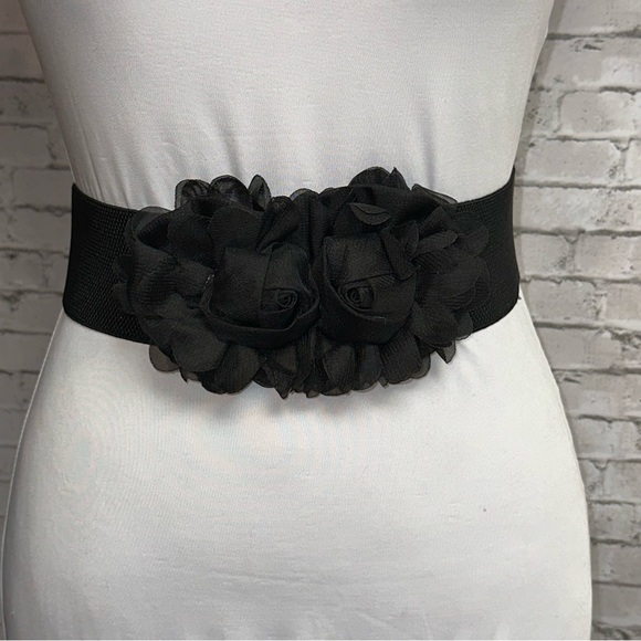 Accessories | Black Belt Womens Xs Floral Accent Snap Buckle Stretch ...